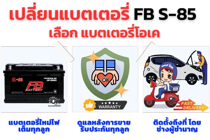 แบตเตอรี่ FB S85 DIN85 ราคา 3,200 บาท 85 แอมป์ แบตกึ่งแห้ง